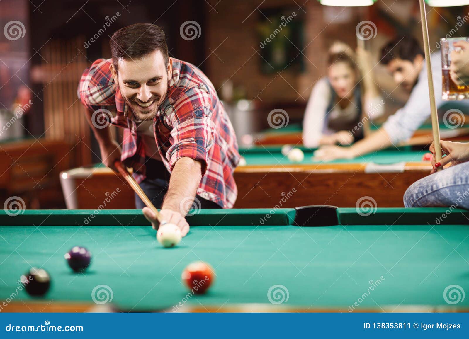 Smiling Man Enjoying Playing Pool Stock Image - Image of indoor, hobby ...