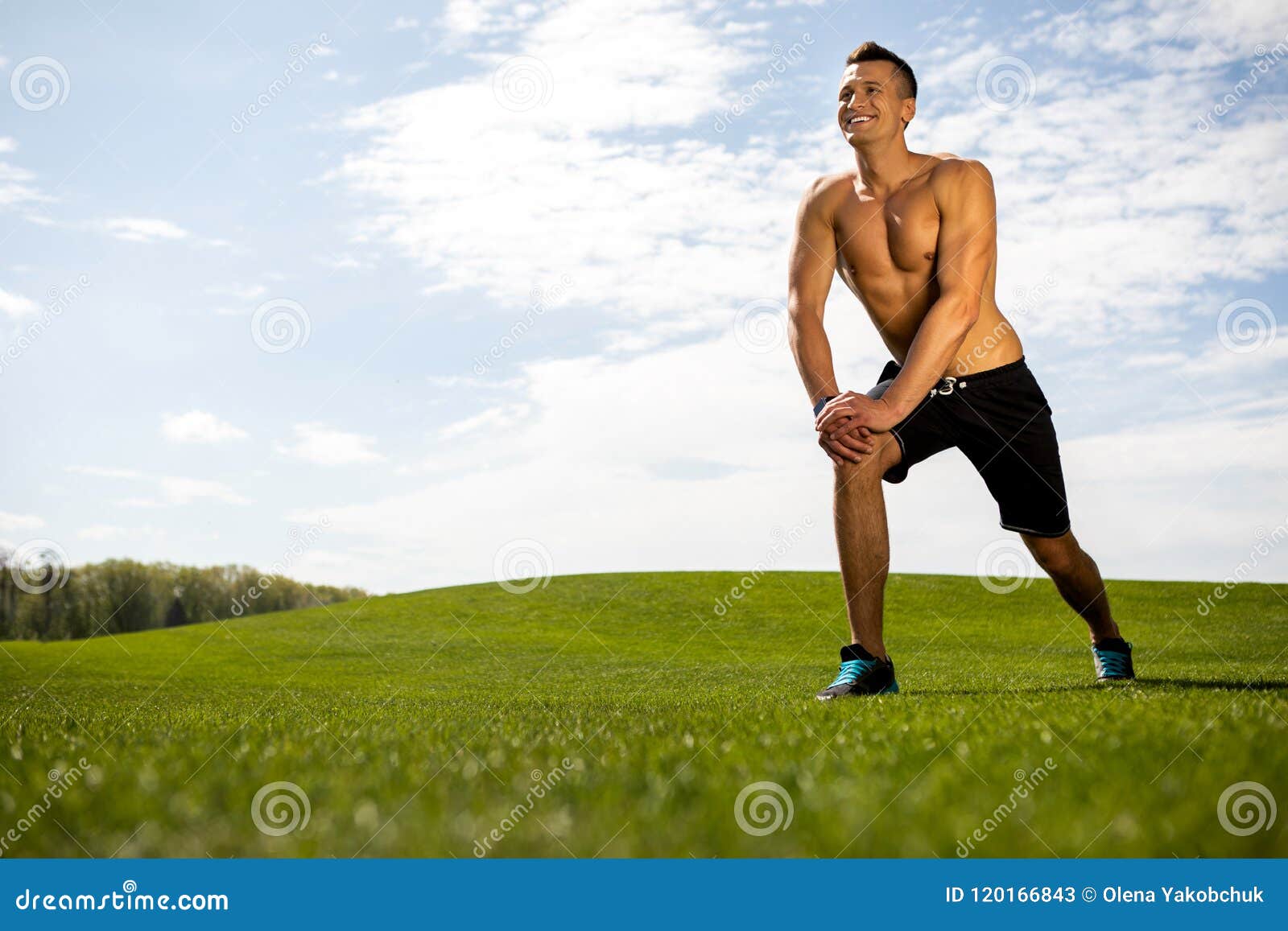 Grinning Athlete is Exercising on Lawn Stock Image - Image of lunge ...
