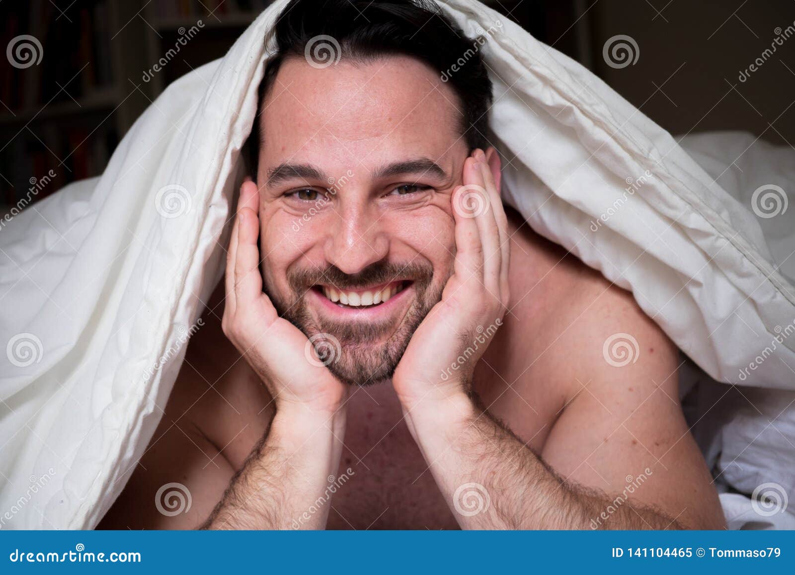 Smiling Man Face Portrait Lying in the Bed Stock Image - Image of ...