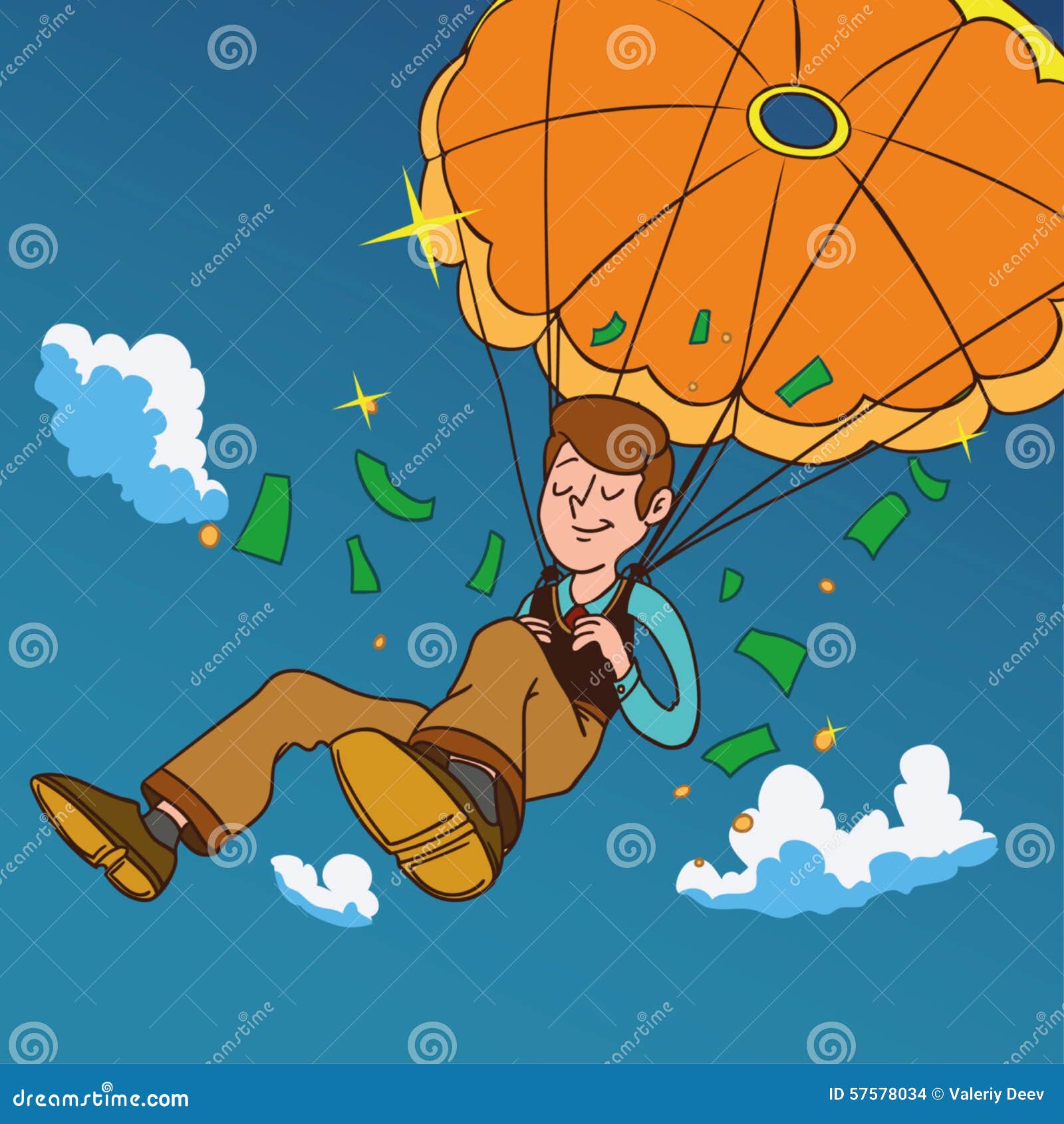 Smiling Man Fall on a Golden Parachute. Stock Vector - Illustration of ...