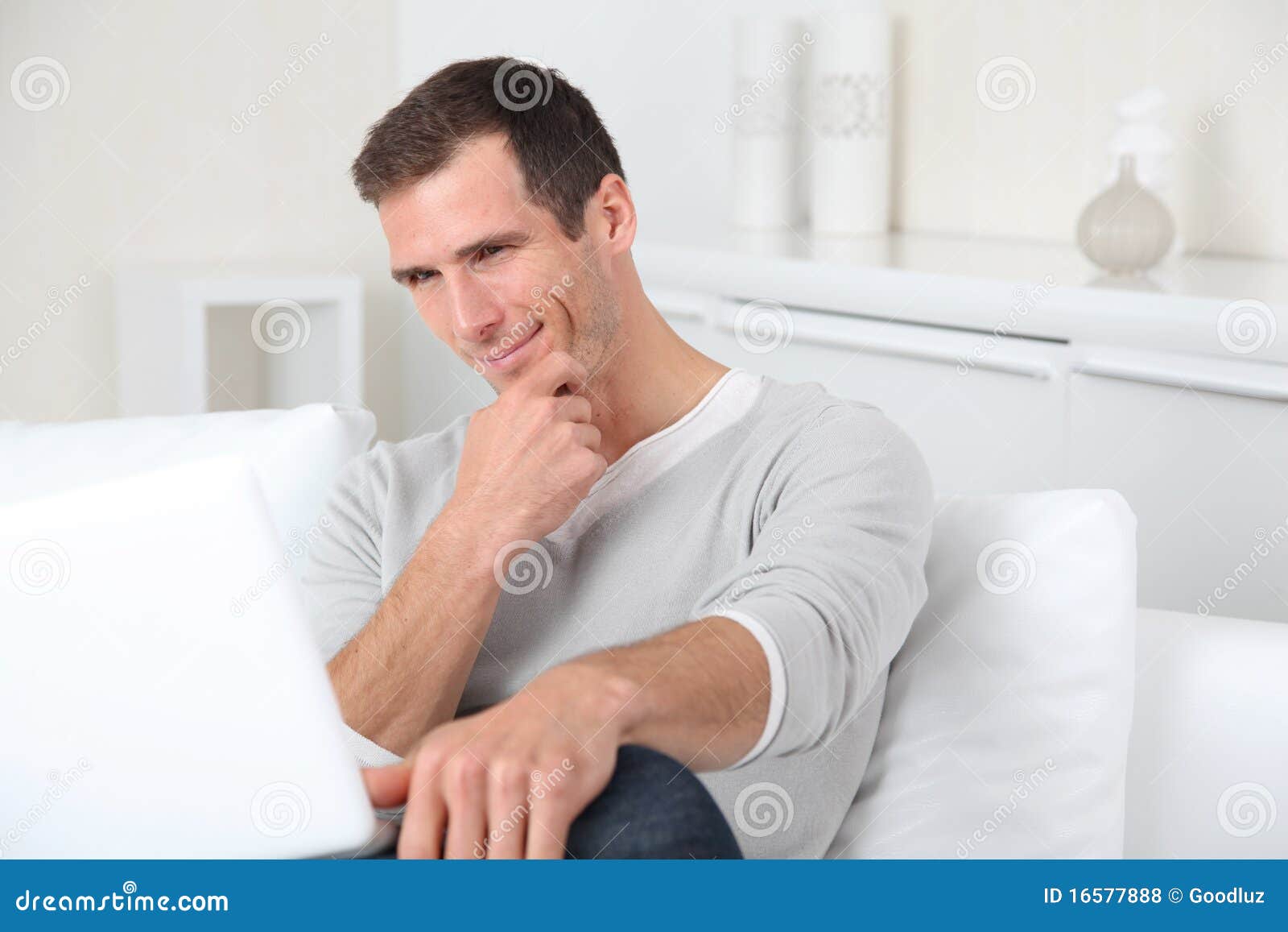 Smiling Man in Front of Computer Stock Photo - Image of relaxing ...