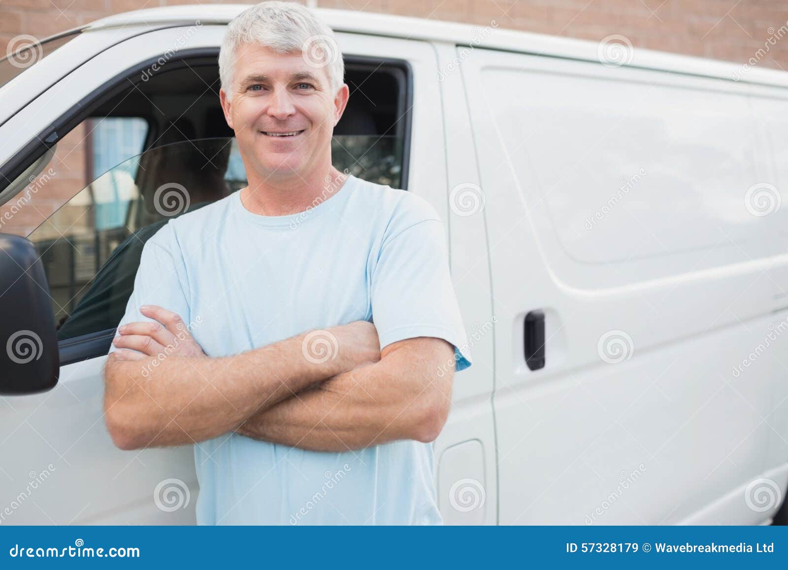 Smiling Man in Front of Delivery Van Stock Image - Image of arms ...