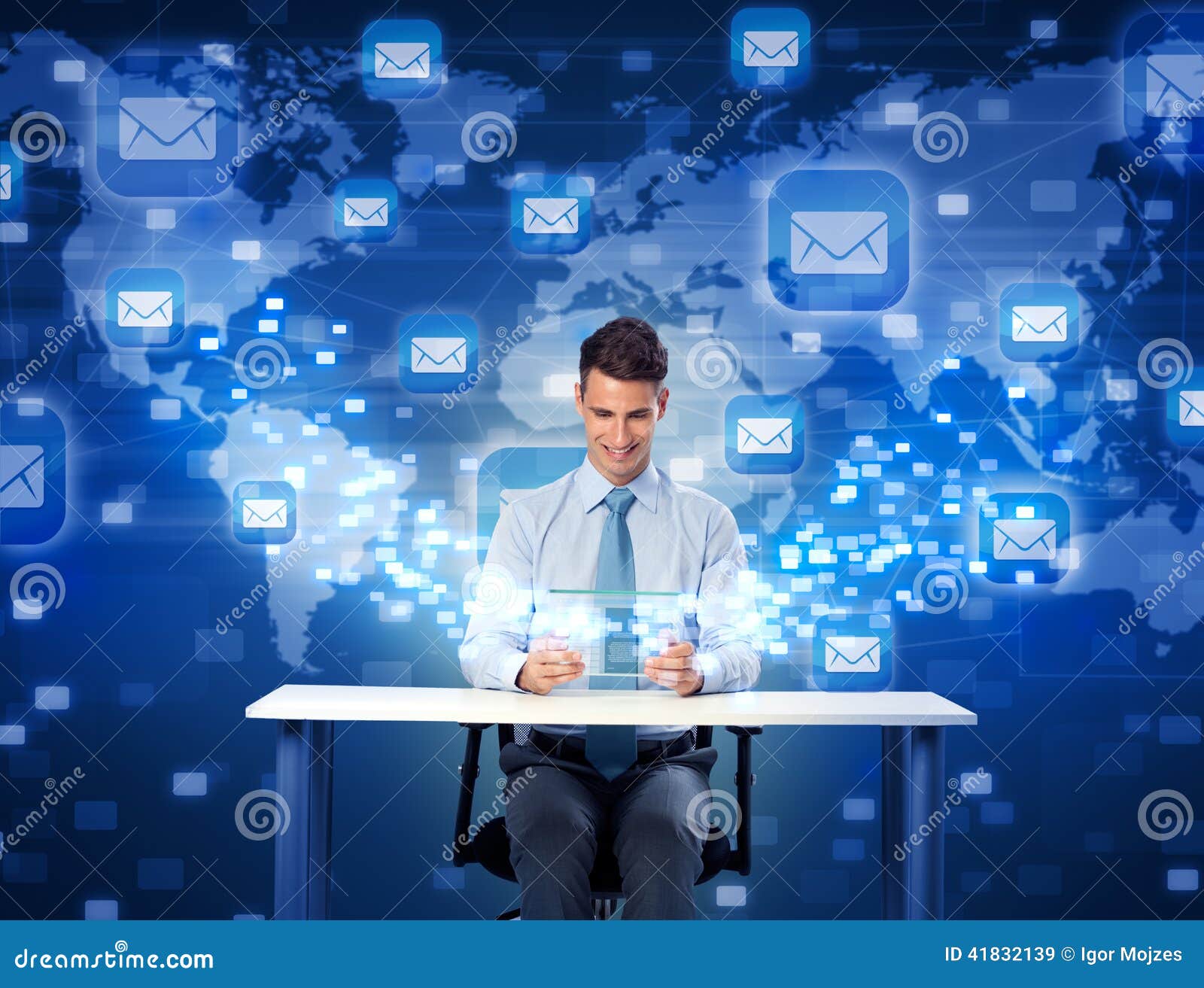 Smiling Man with Futuristic Digital Tablet Stock Illustration ...