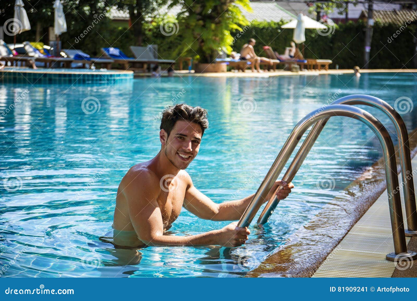 Smiling Man Going Out of Swimming Pool Stock Image - Image of young ...