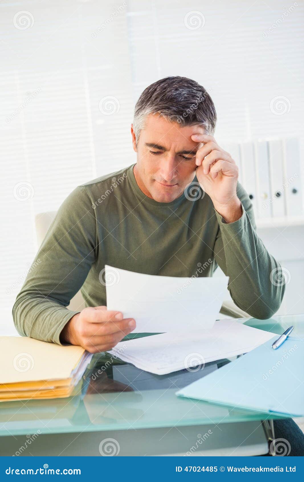 Smiling Man with Grey Hair Reading Paper Stock Image - Image of paper ...