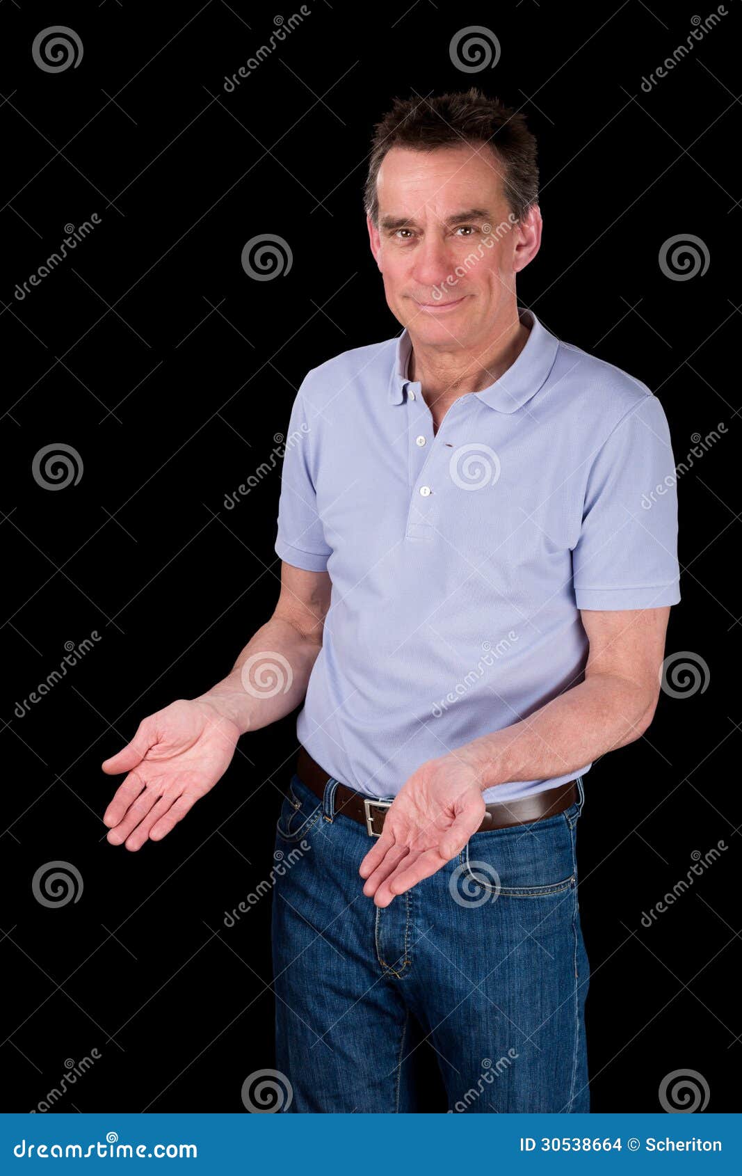 Smiling Man Hands Forward Demonstrating Something Stock Photo - Image ...