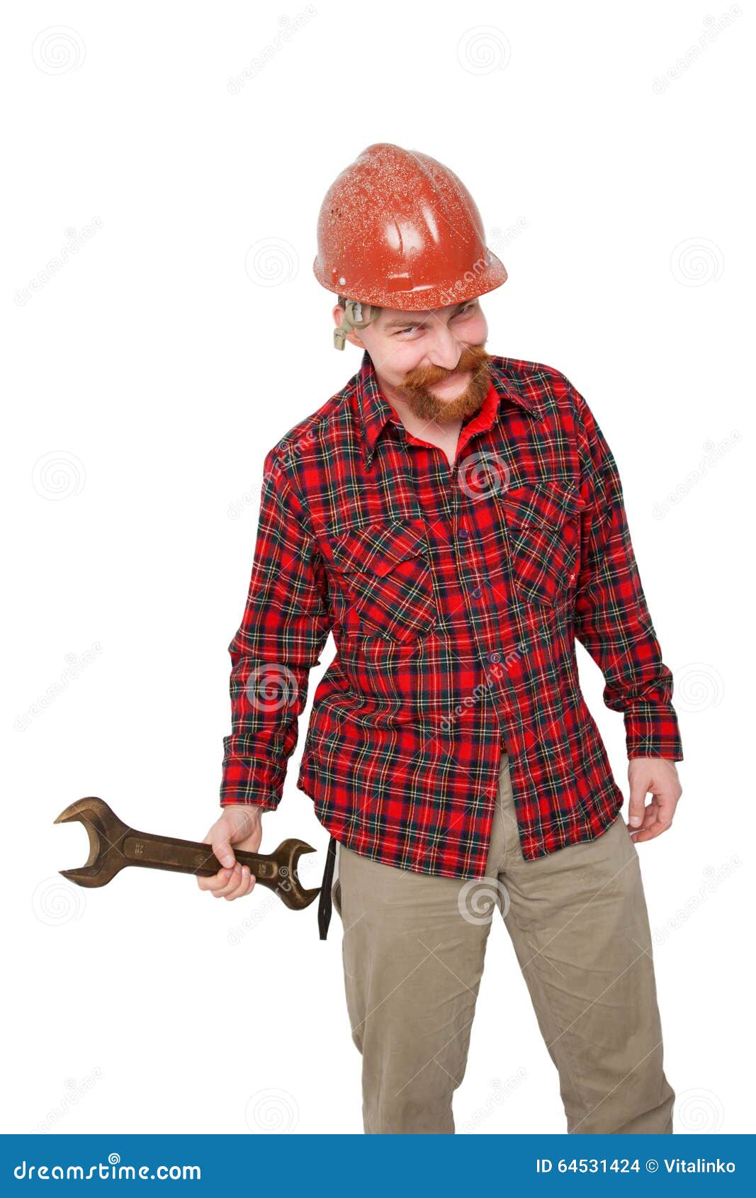 Smiling Man in Helmet with Wrench. Stock Photo - Image of handyman ...