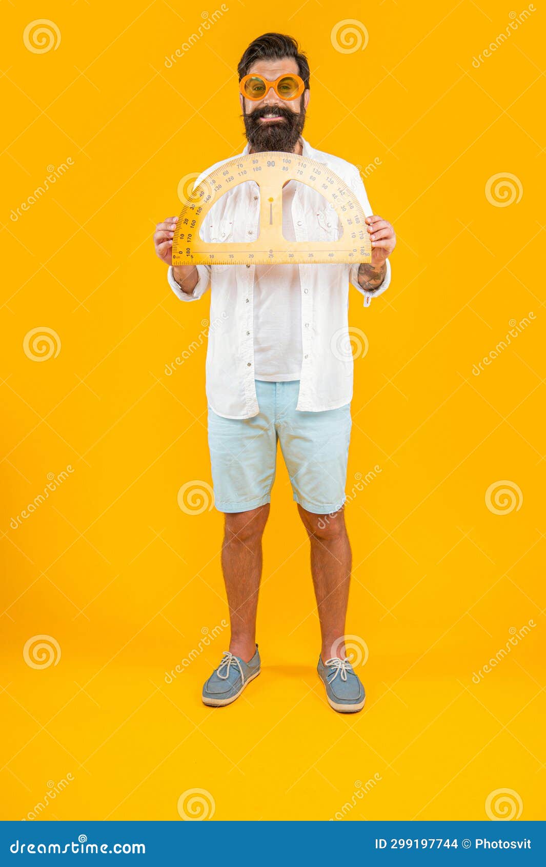 Smiling Man Hold Geometry Protractor Isolated on Yellow. Man Hold ...