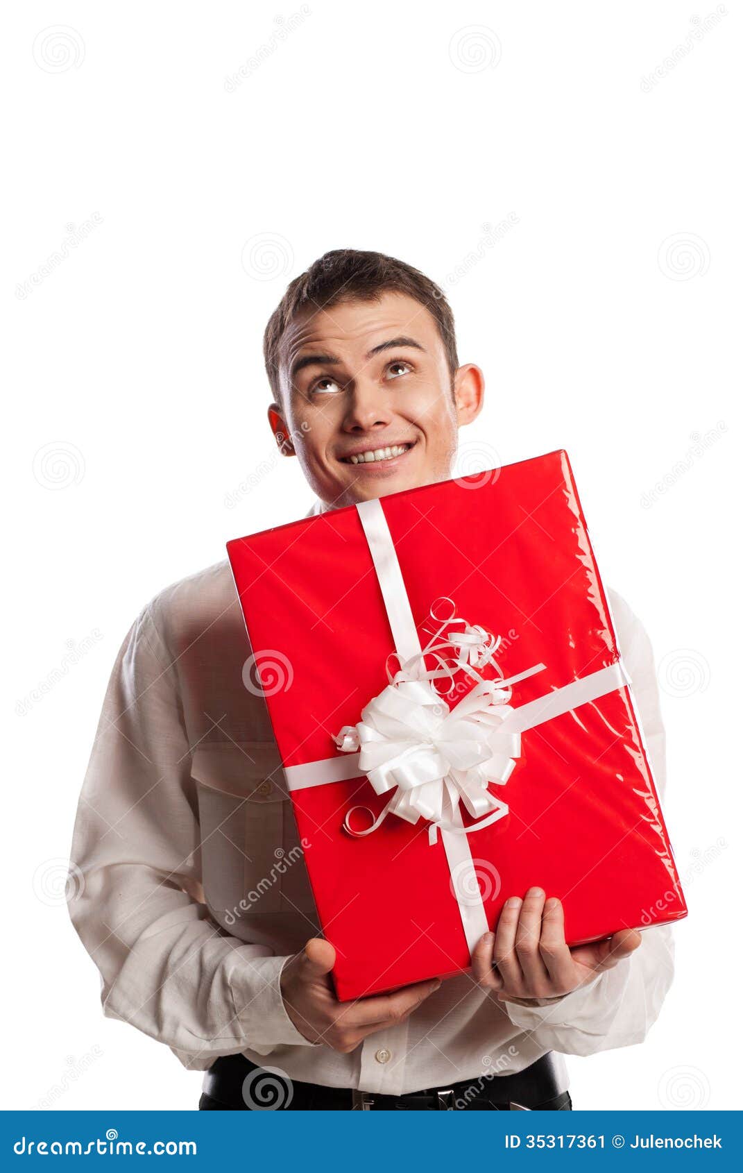 Smiling Man Holding Gift Isolated on White Stock Image - Image of ...