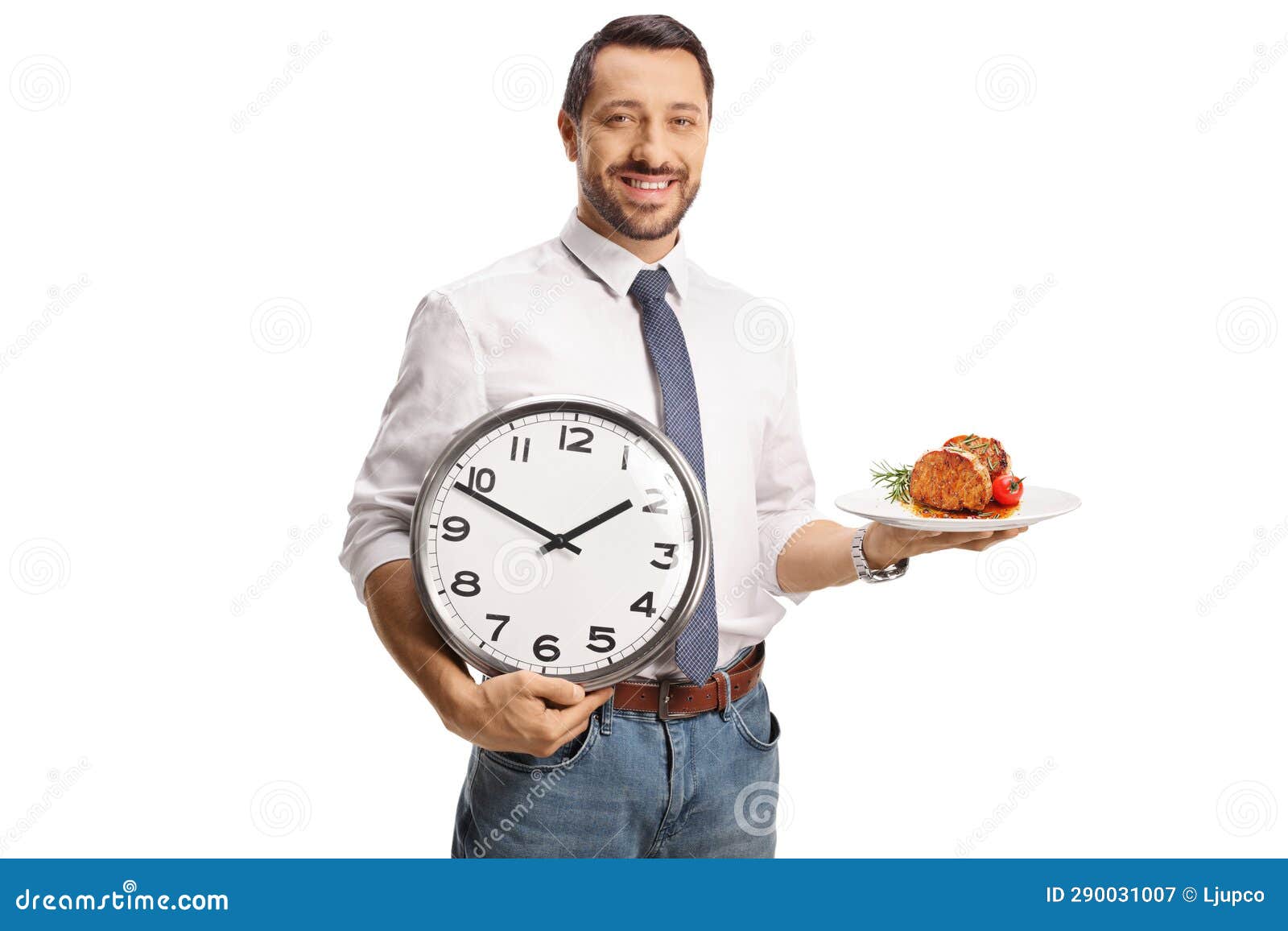 Smiling Man Holding a Plate with Baked Meat and a Clock Stock Image ...