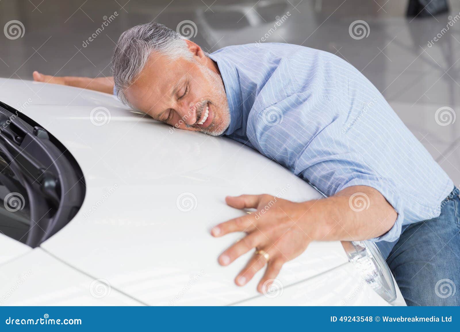 Smiling Man Hugging a White Car Stock Photo - Image of happy, shopping ...