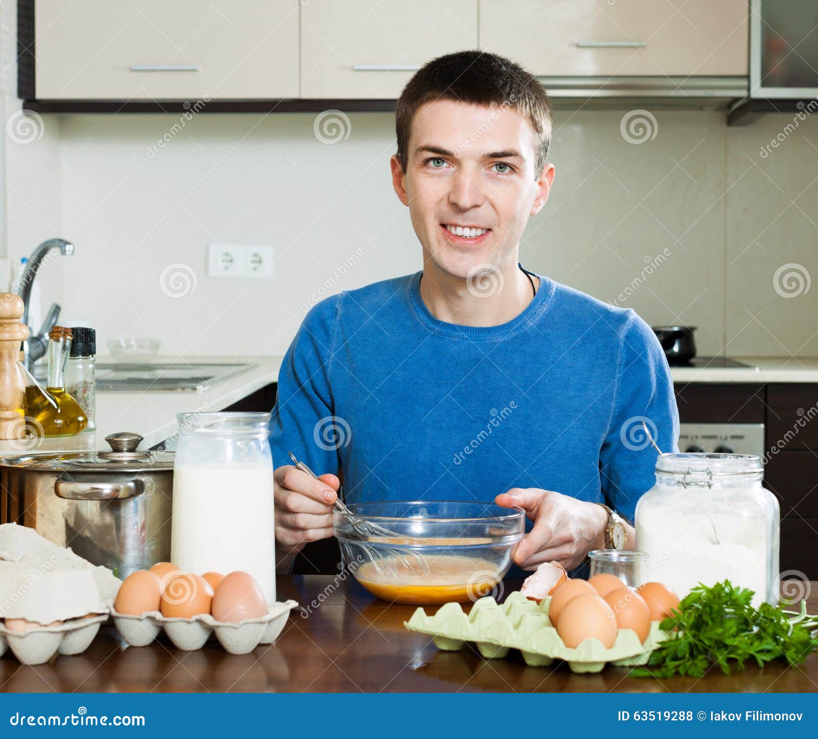 Smiling man in kitchen stock photo. Image of wire, kitchen - 63519288