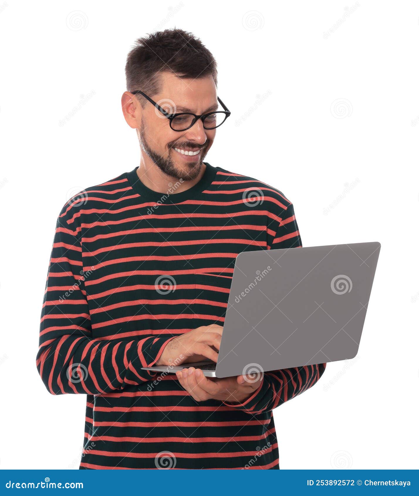 Smiling Man with Laptop on White Background Stock Photo - Image of ...