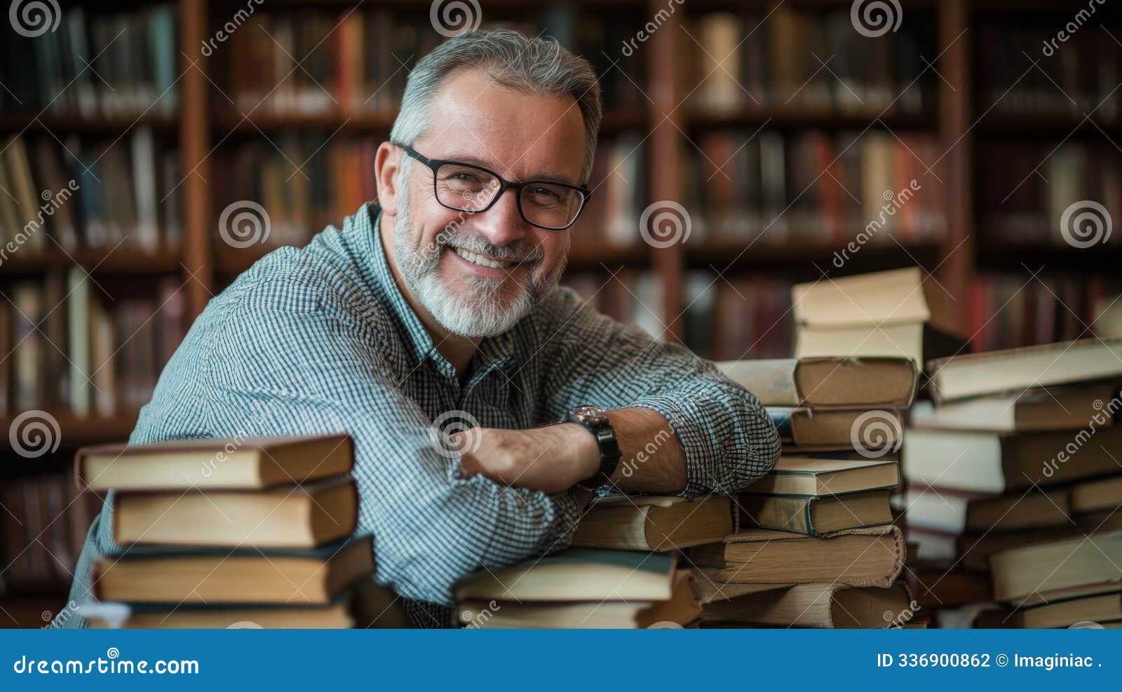 Smiling Man Leaning on a Stack of Books in a Library Stock Illustration ...