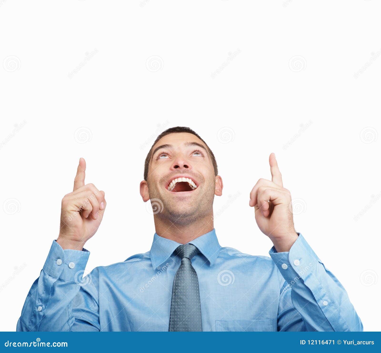 Smiling Man Looking Upwards and Pointing Stock Image - Image of ...