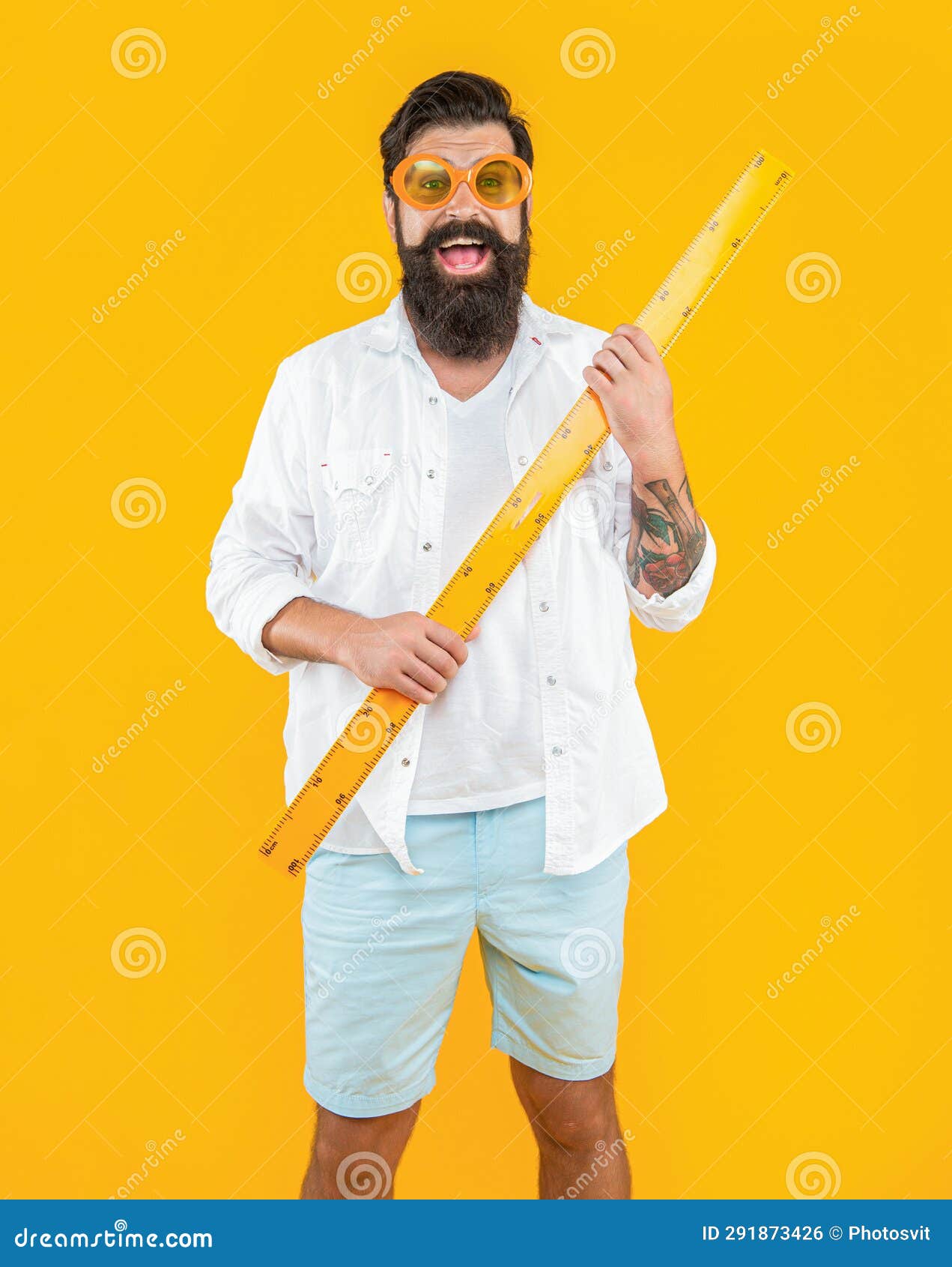 Smiling Man with Measuring Ruler Isolated on Yellow. Man with Measuring ...