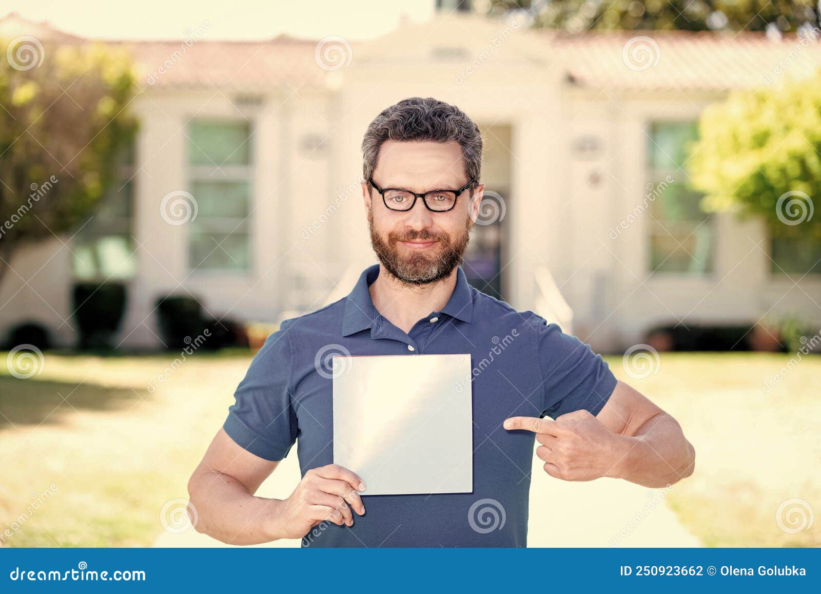 Smiling Man Nerd Pointing Finger on Paper Sheet Presenting ...