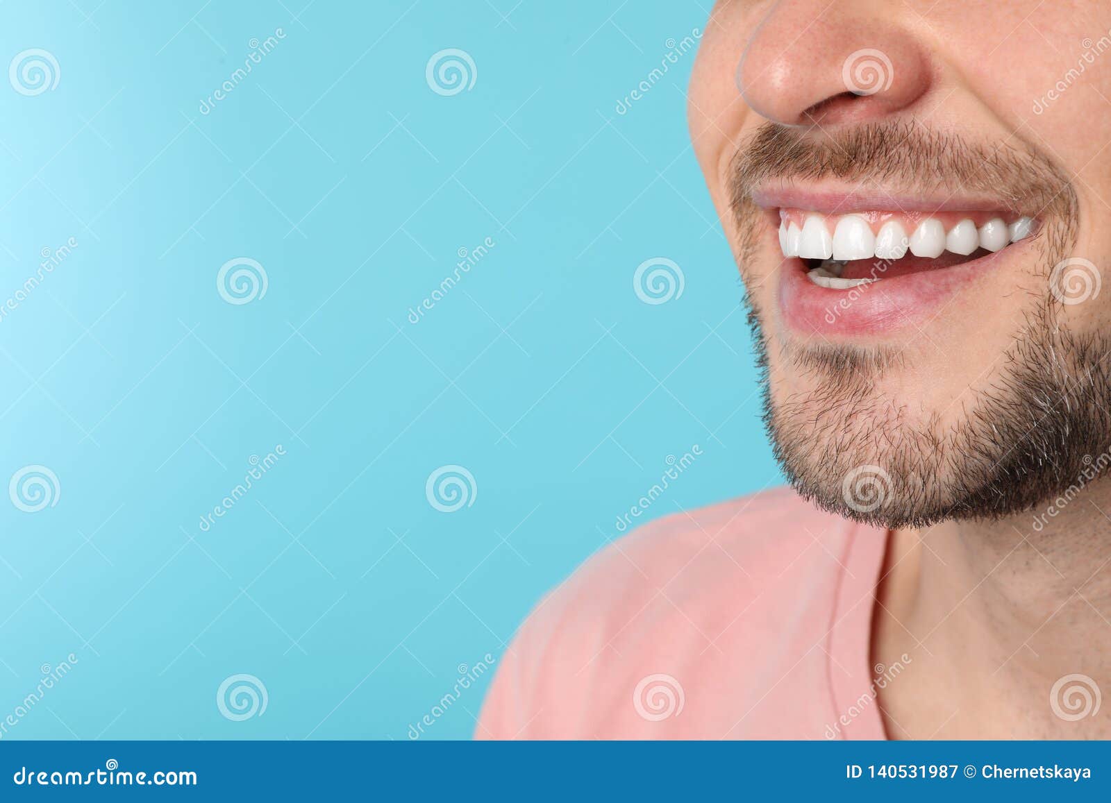 Smiling Man with Perfect Teeth on Color Background, Closeup. Stock ...