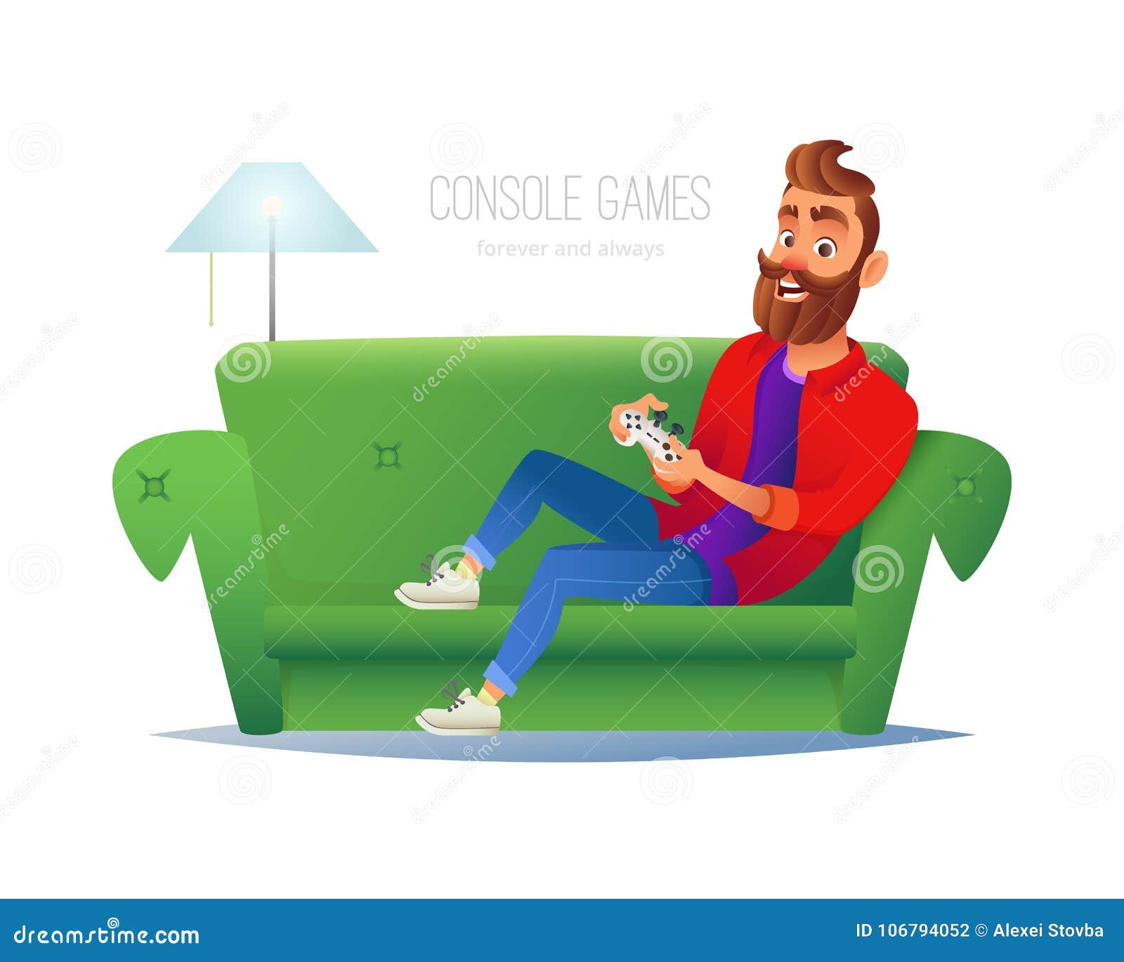 Smiling Man Playing Video Game Console at Home. Vector Illustration ...
