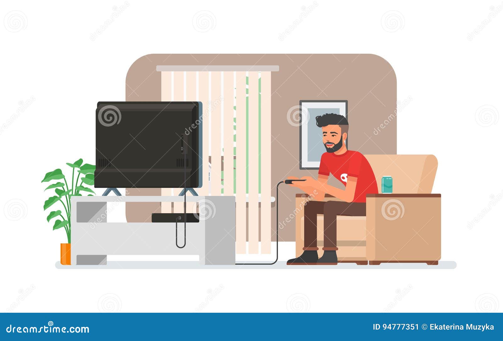 Smiling Man Playing Video Game Console at Home. Vector Illustration ...