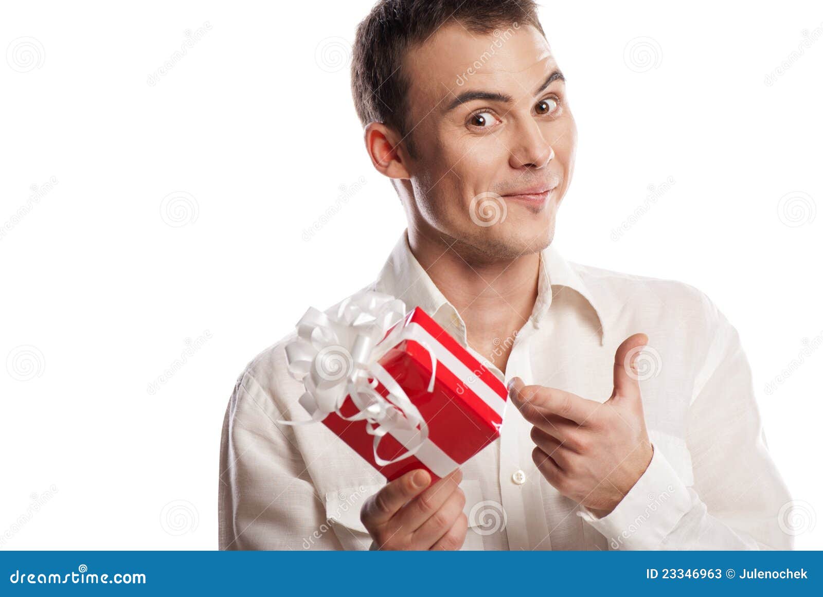 Smiling Man Pointing on Gift Isolated Stock Image - Image of pointing ...