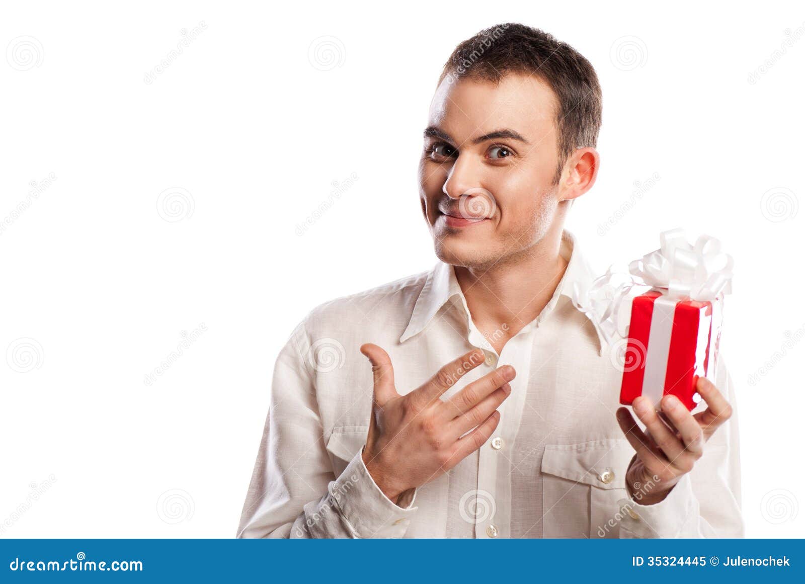 Smiling Man Pointing on Gift Isolated Stock Image - Image of model ...