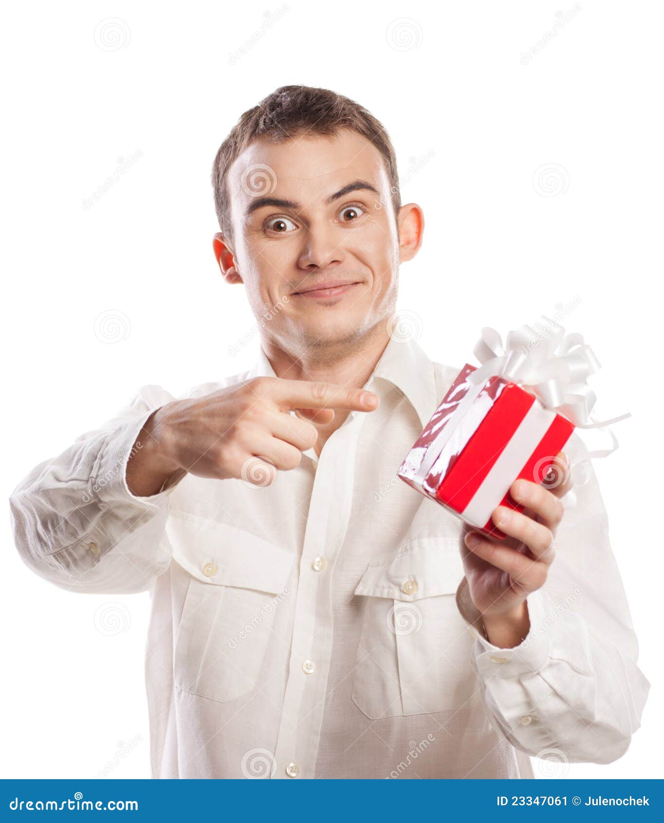 Smiling Man Pointing on Gift Isolated on White Stock Image - Image of ...