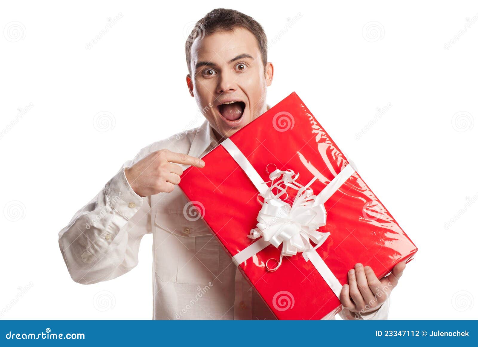 Smiling Man Pointing on Gift Isolated on White Stock Photo - Image of ...