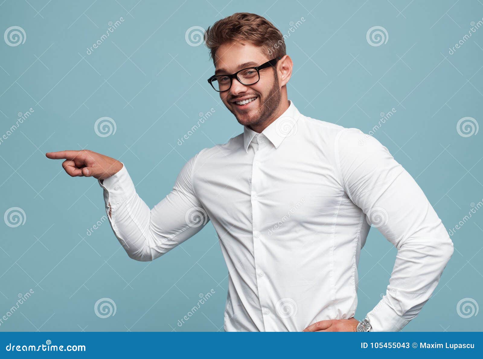 Smiling Man Pointing with Index Finger Stock Image - Image of ...