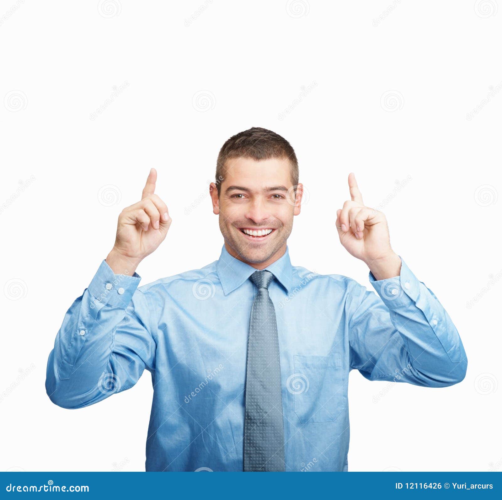 Smiling Man Pointing Upwards at Copyspace on White Stock Photo - Image ...
