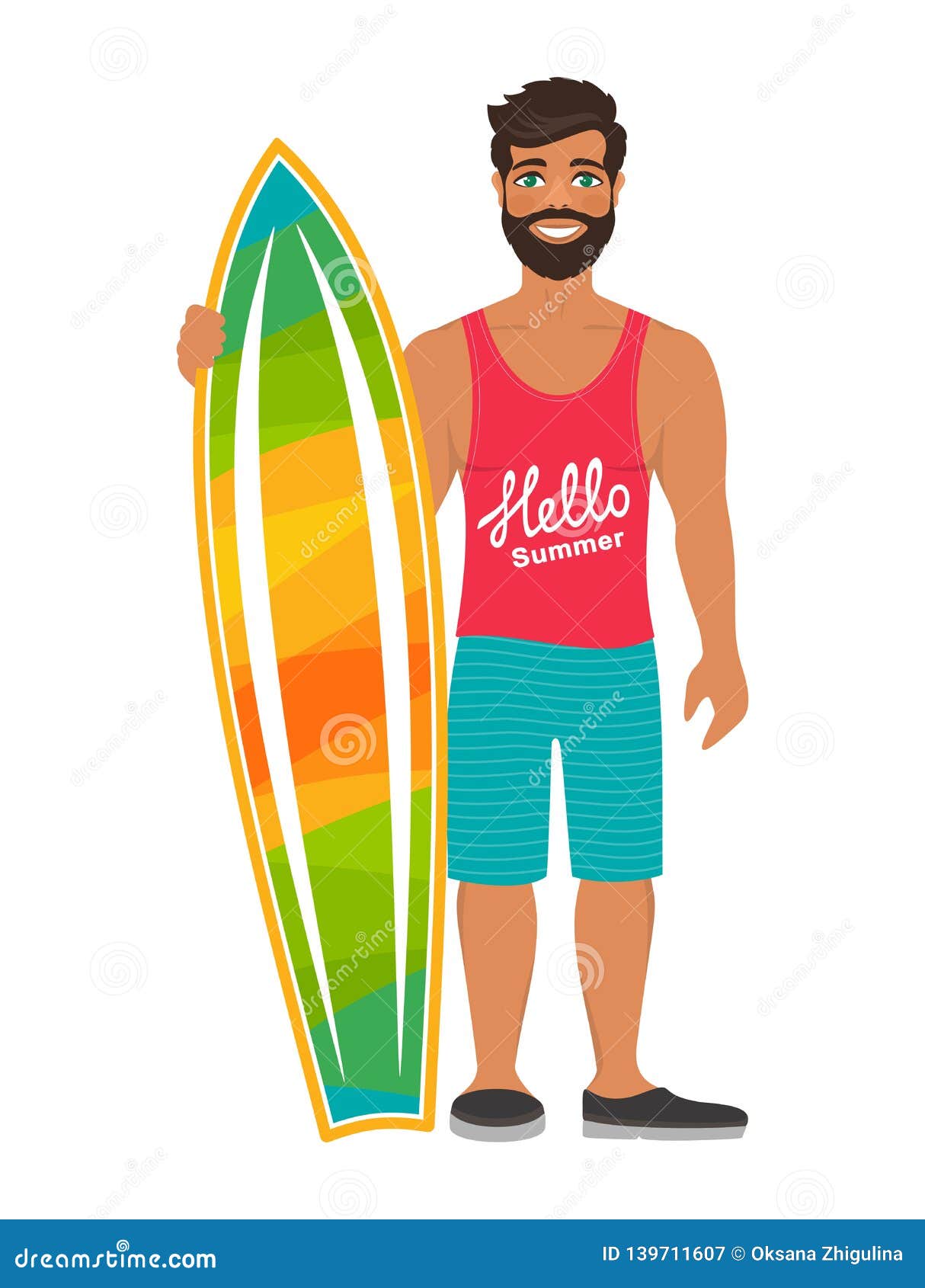 Smiling Man Posing With Surfboard Stock Vector Illustration Of