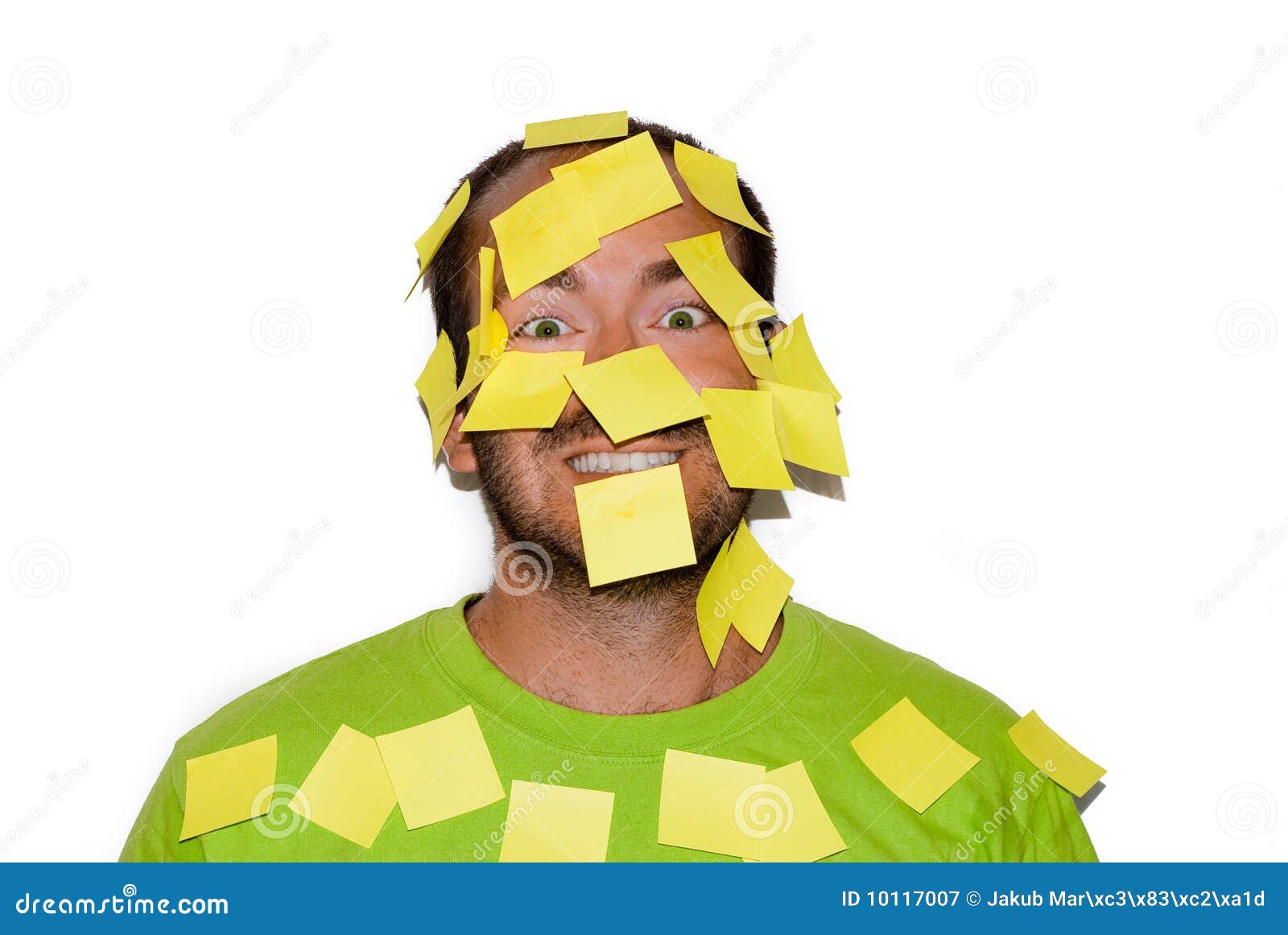 Smiling Man with Post-it Stickers Stock Image - Image of green, office ...