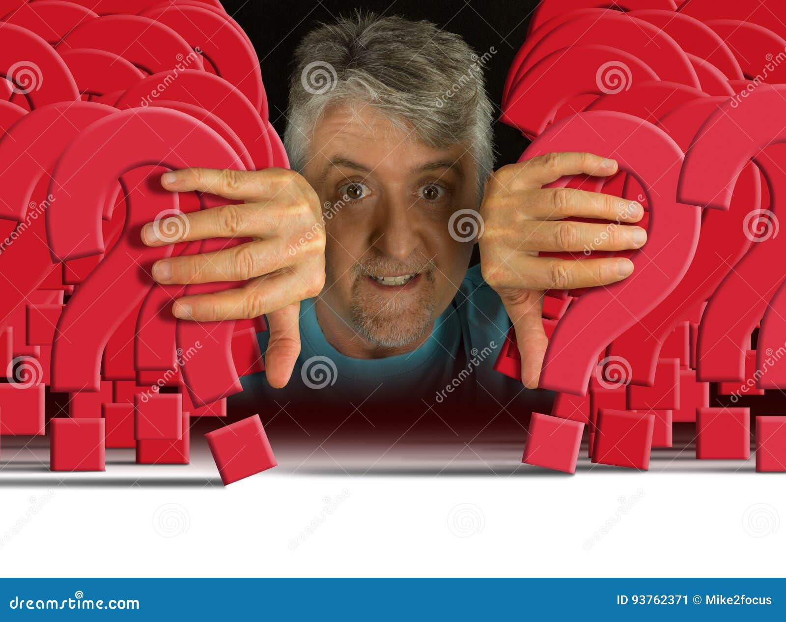 Smiling Man Pushing Open Wall Of Question Marks Looking Through Royalty ...