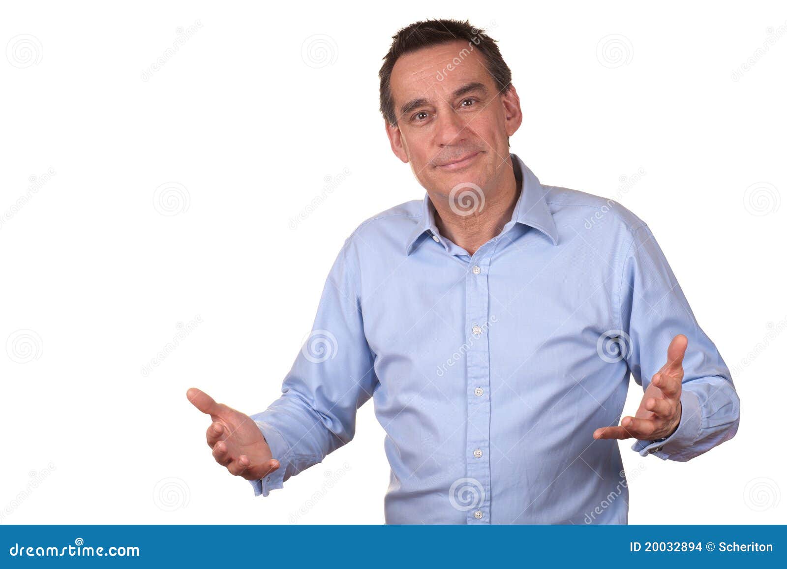 Smiling Man with Raised Hands Talking Stock Photo - Image of ...
