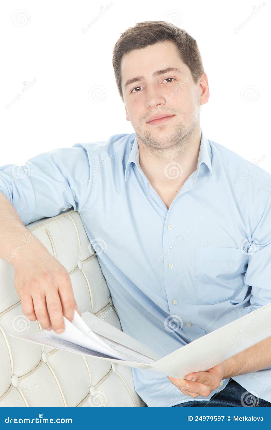Smiling Man Reading Documents Over White Stock Image - Image of holding ...