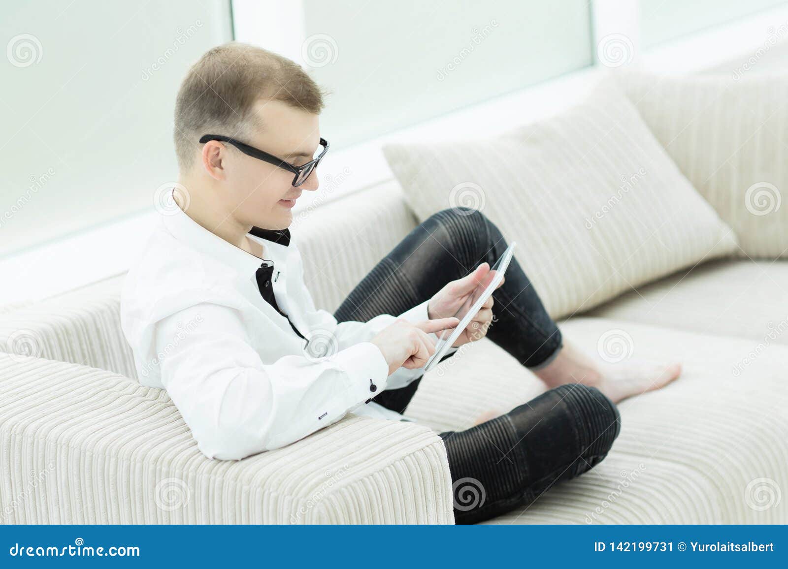 Smiling Man Reading Text on Digital Tablet Stock Image - Image of house ...