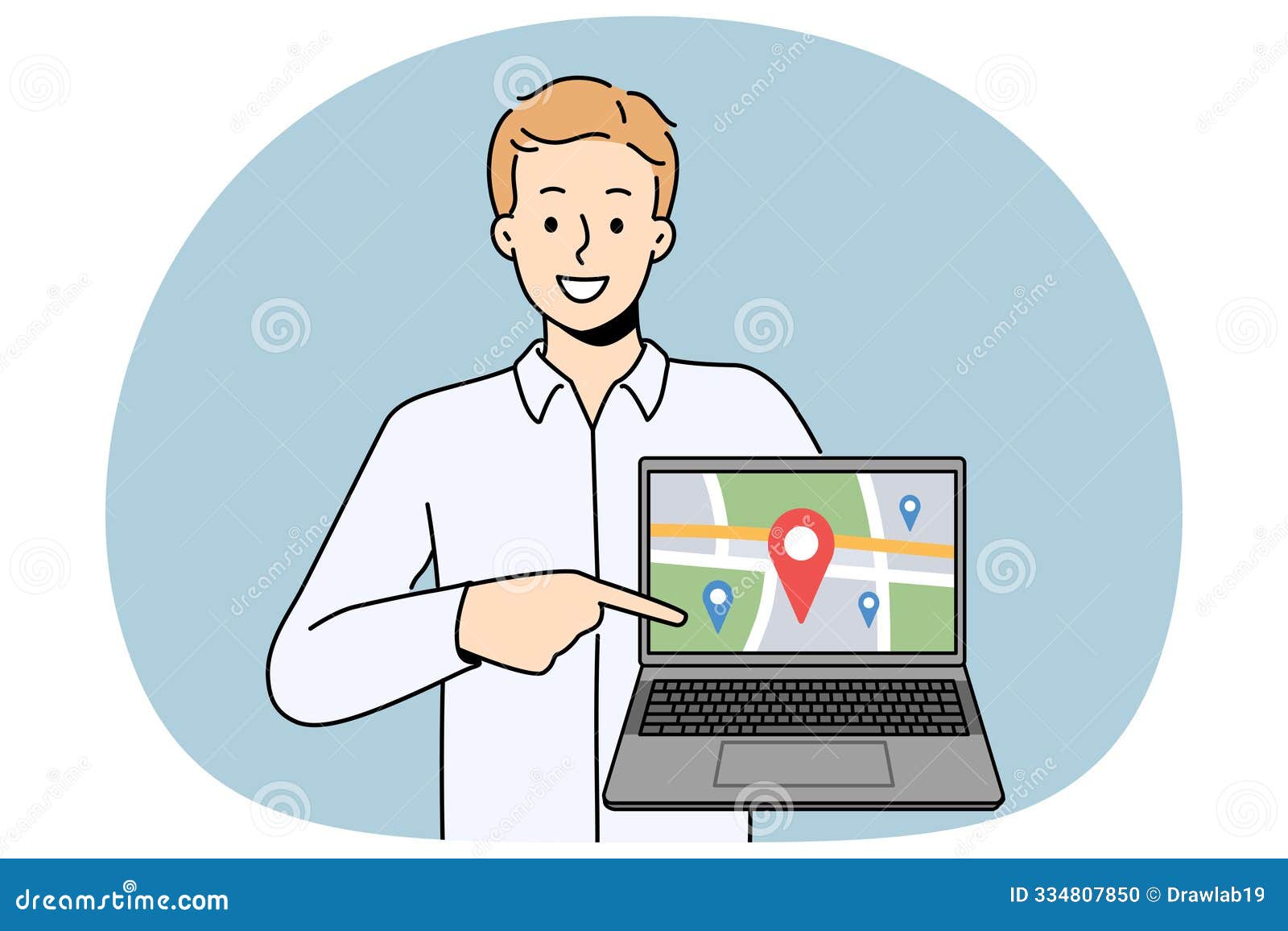 Smiling Man Show GPS Tracker on Map on Computer Stock Illustration ...