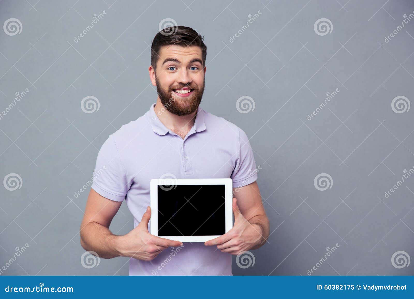 Smiling Man Showing Blank Tablet Computer Screen Stock Image - Image of ...