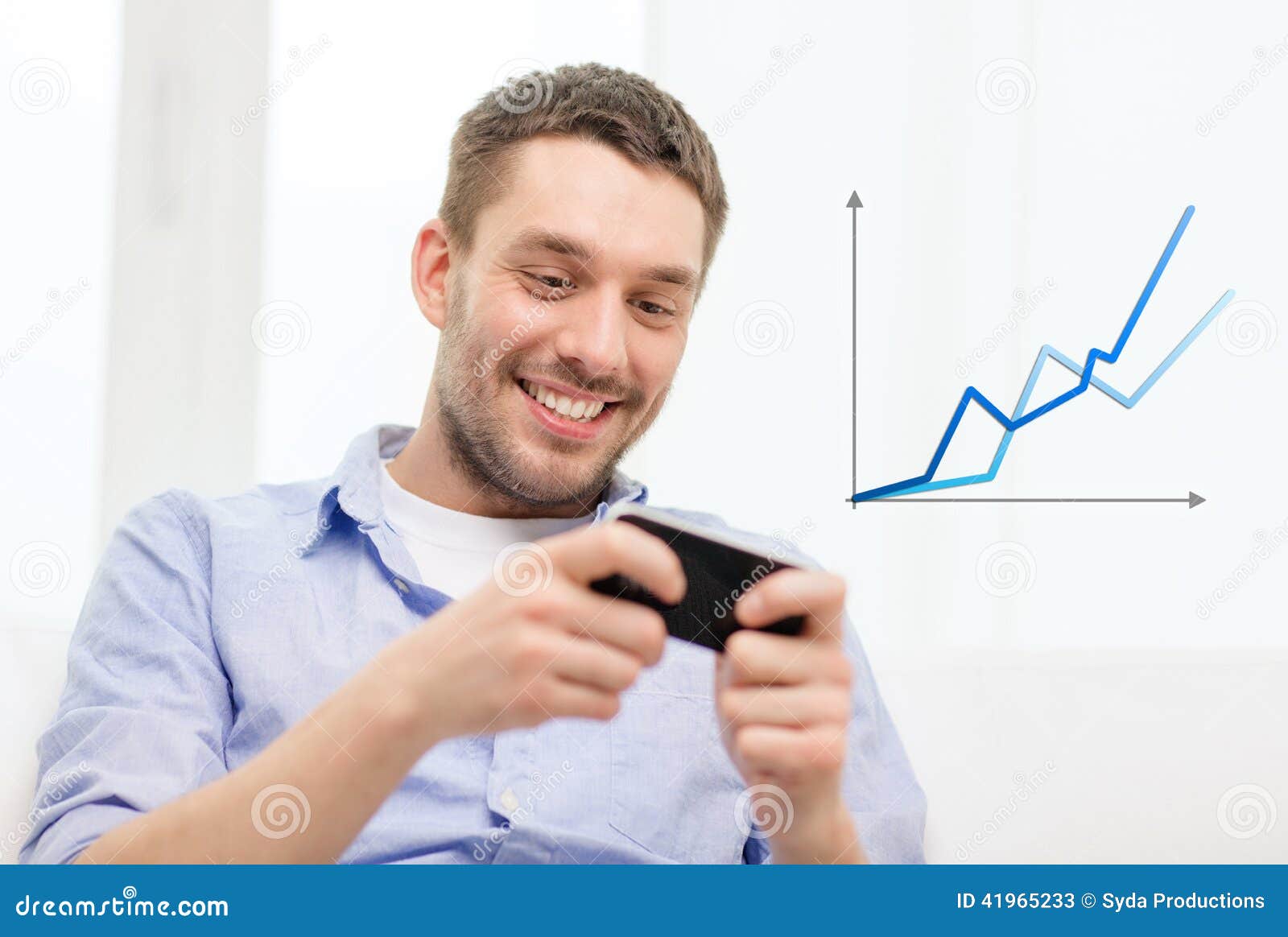 Smiling Man with Smartphone at Home Stock Image - Image of application ...