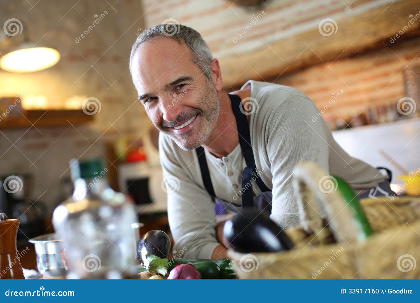 Smiling Man Standing in Old Kitchen Stock Photo - Image of male, people ...
