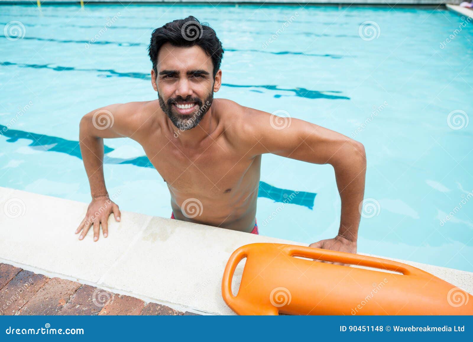 Smiling Man Standing in Swimming Pool Stock Photo - Image of lesson ...
