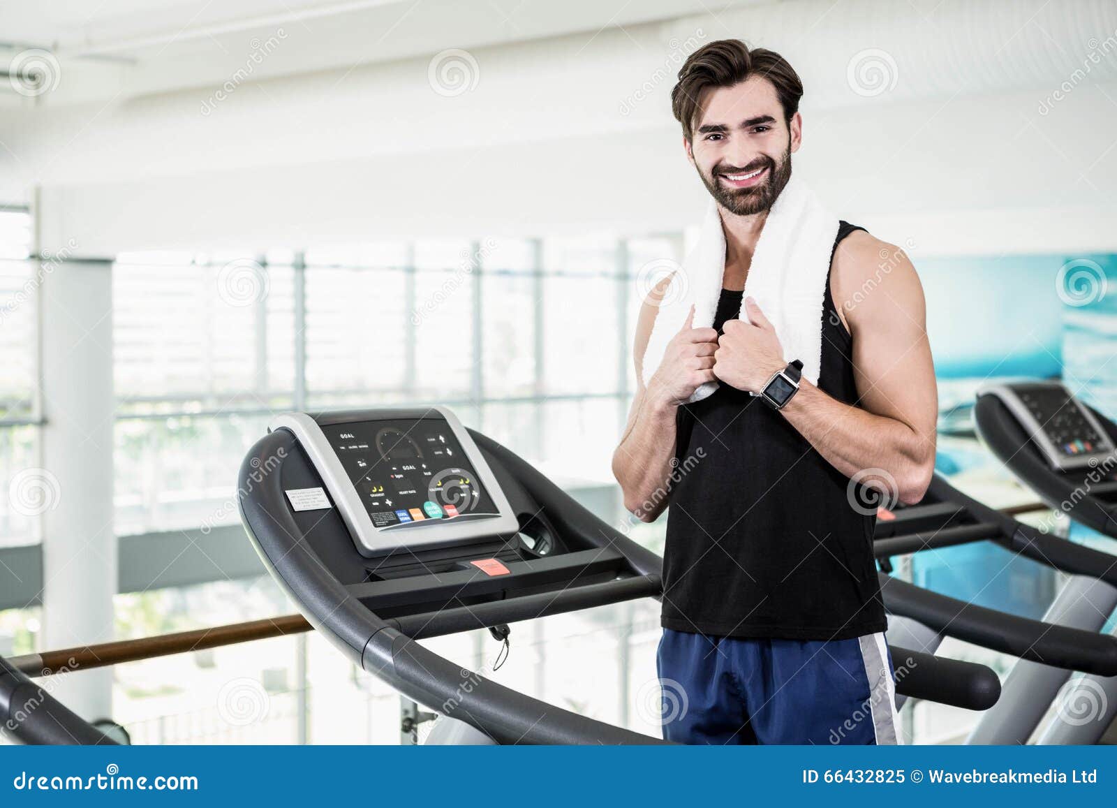 Smiling Man Standing on Treadmill Stock Image - Image of fitness ...