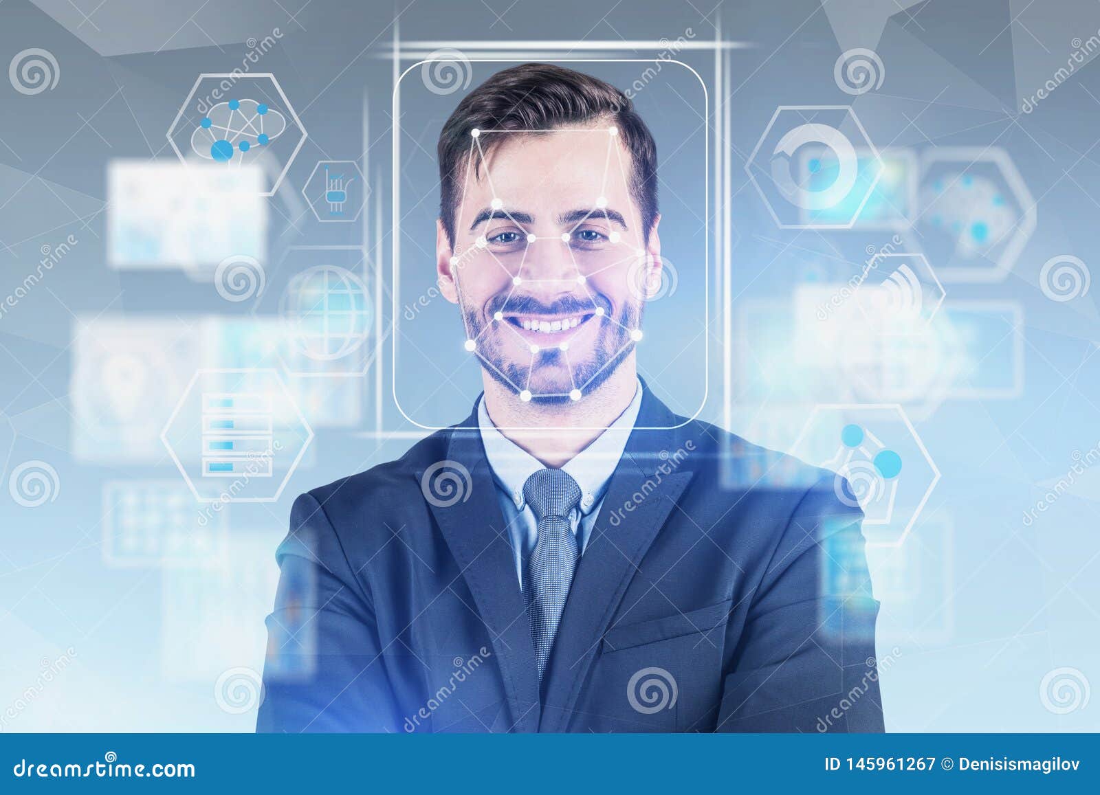 Smiling Man in Suit Facial Recognition Technology Stock Image - Image ...