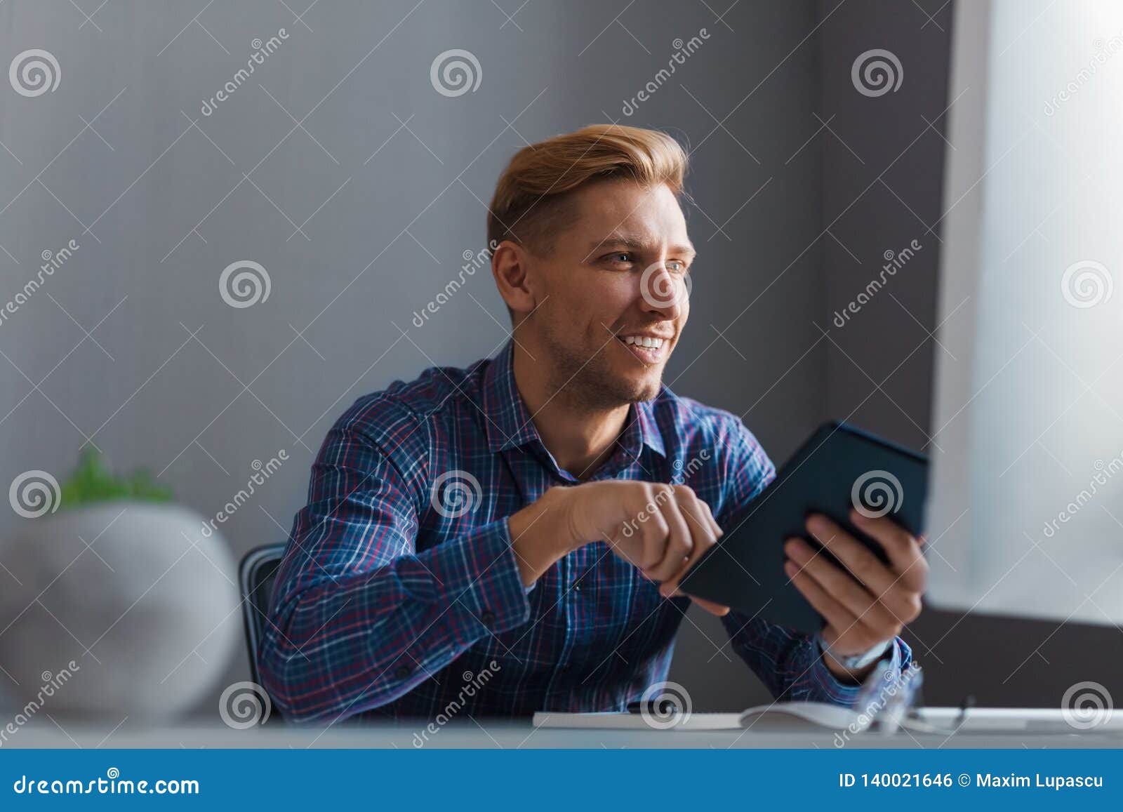 Smiling Man with Tablet in Office Stock Photo - Image of professional ...