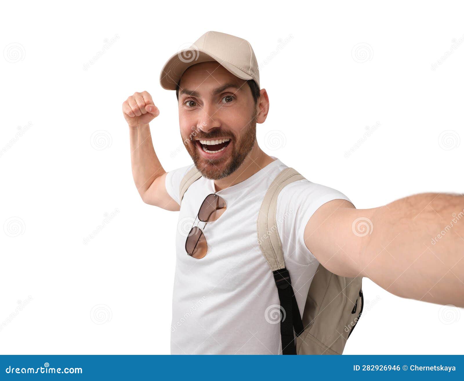 Smiling Man Taking Selfie on White Background Stock Photo - Image of ...