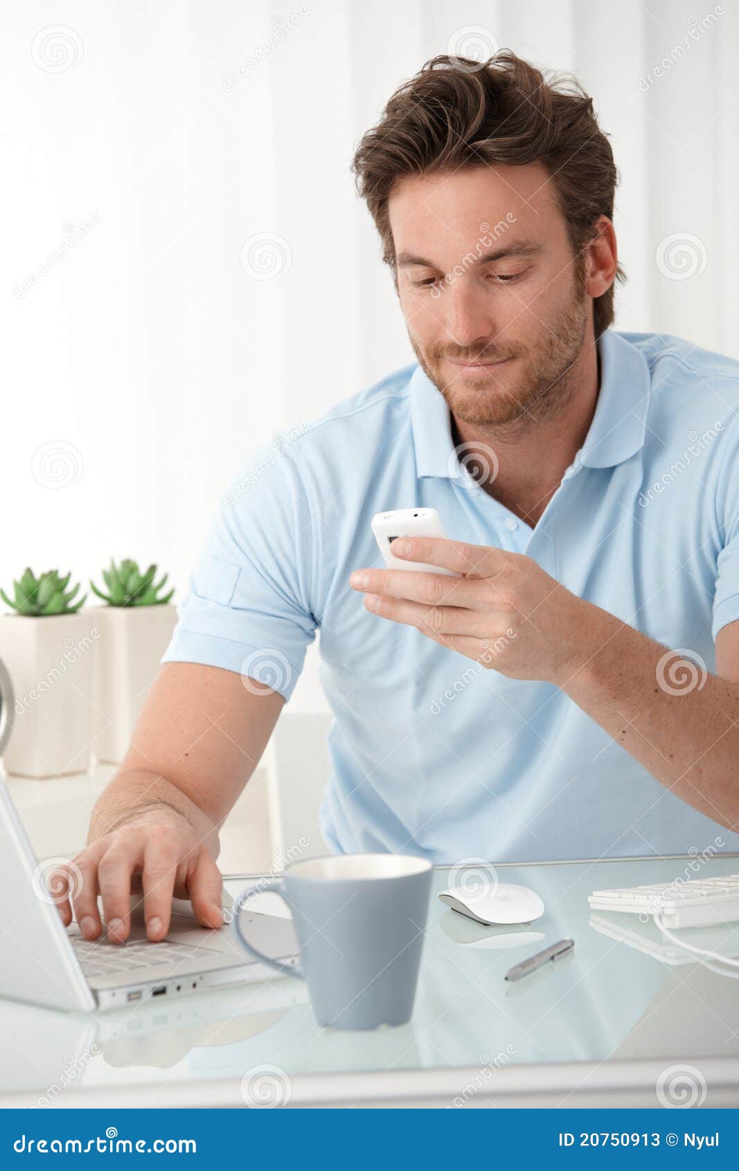 Smiling Man Texting on Mobile Phone Stock Image - Image of good, face ...