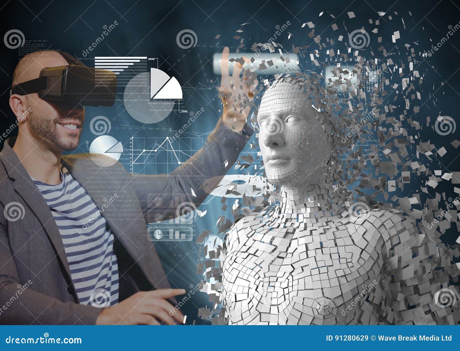 Smiling Man Touching 3d Human Figure while Wearing VR Glasses Stock ...