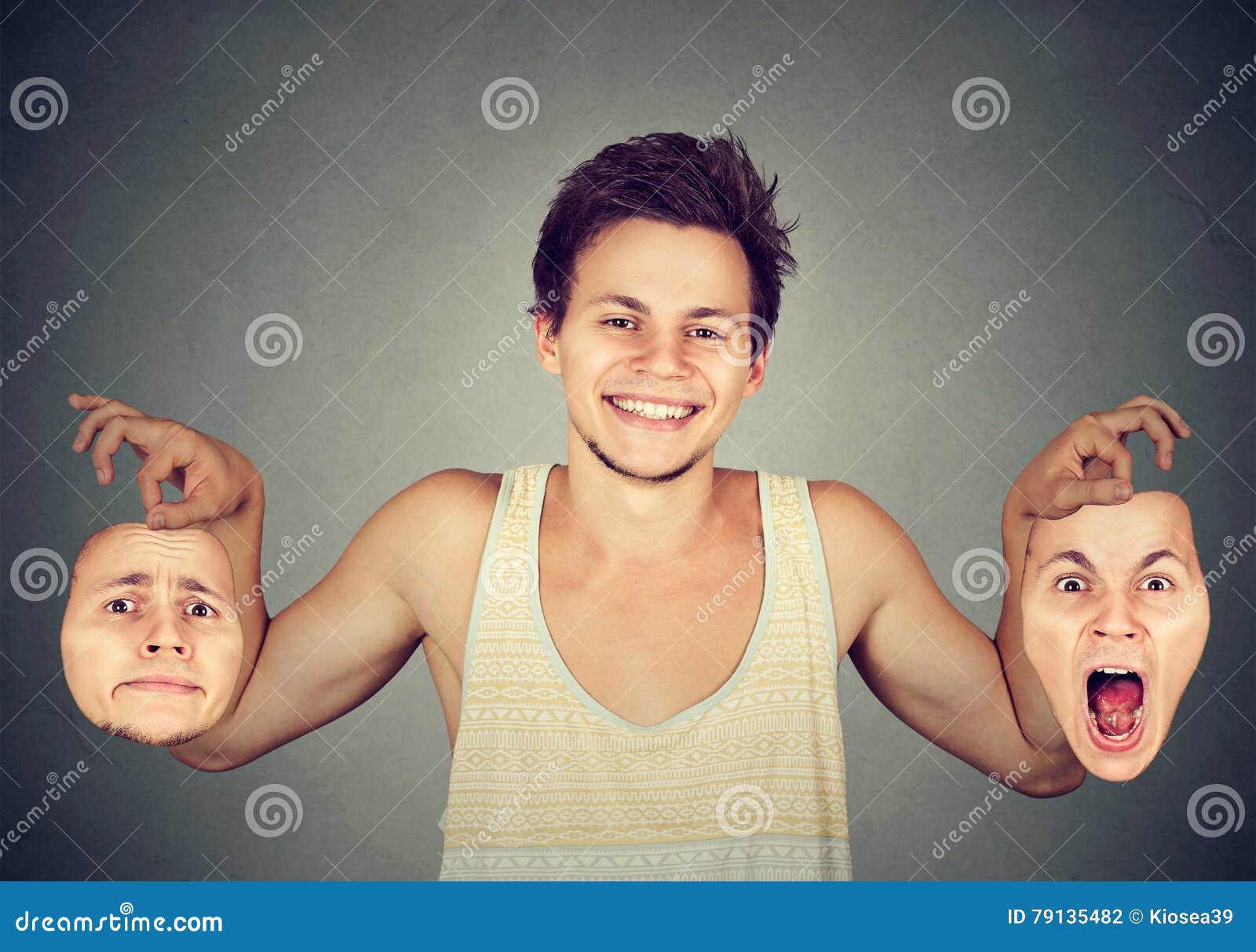 Smiling Man with Two Different Emotion Masks Stock Photo - Image of ...