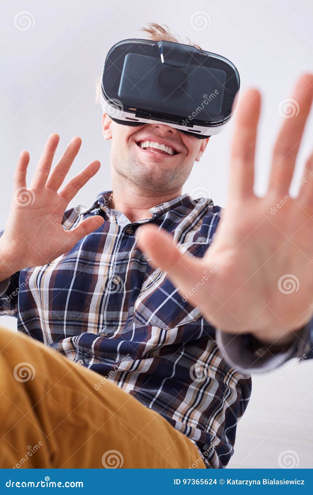 Smiling Man with VR Glasses Stock Photo - Image of motion, expanded ...
