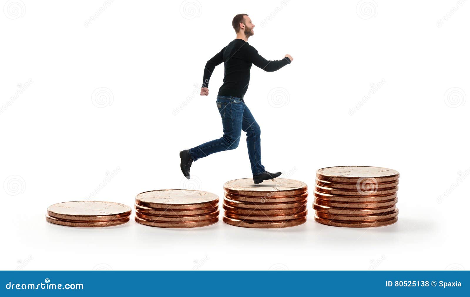Smiling Man Walking on Stack of Coins Stock Photo - Image of investment ...
